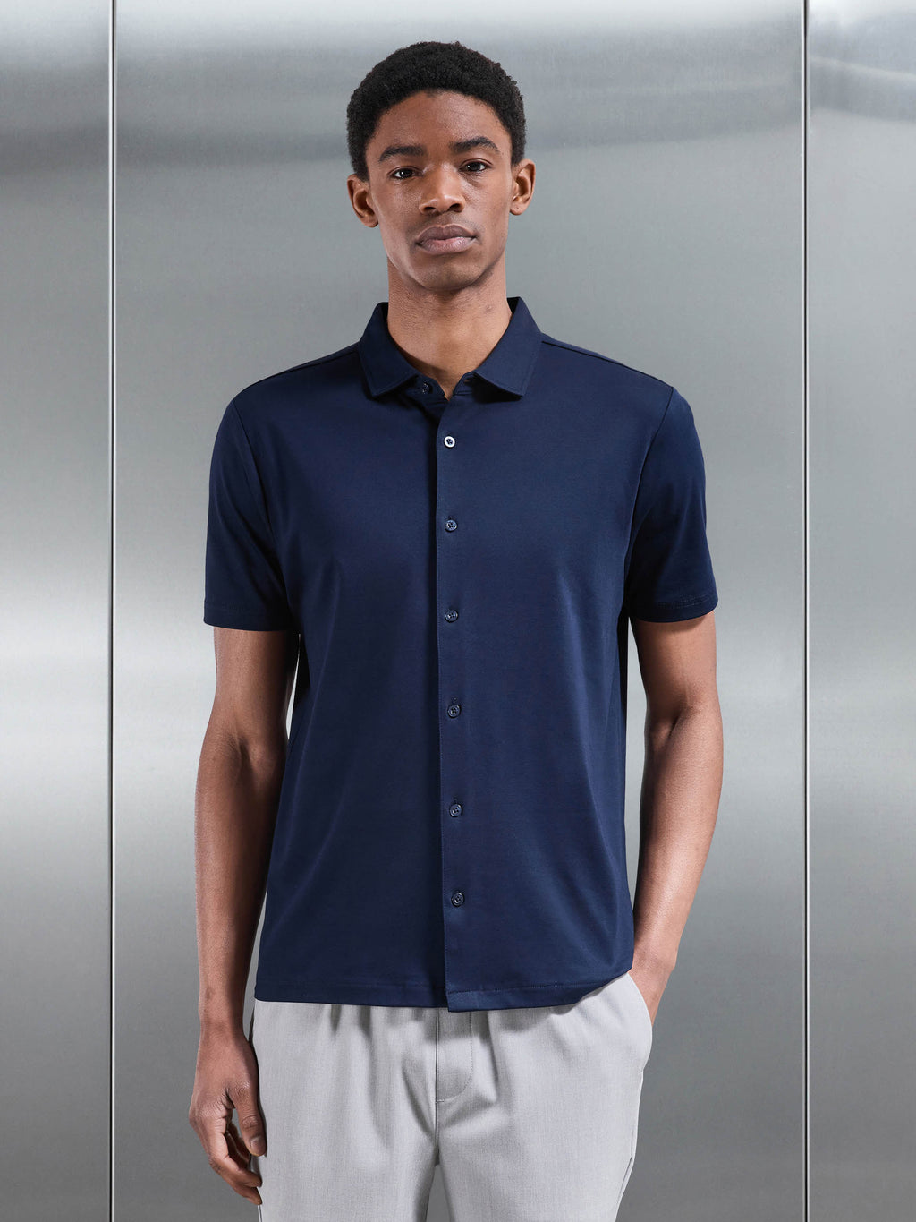 Mercerised Interlock Button Through Shirt in Navy | ARNE UK