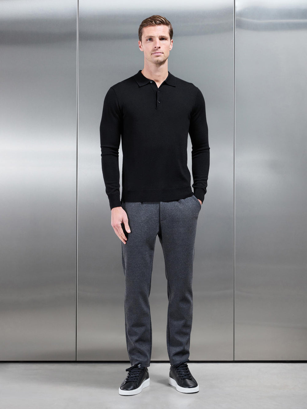 Merino Wool Long Sleeve Button Polo Shirt In Black | ARNE UK