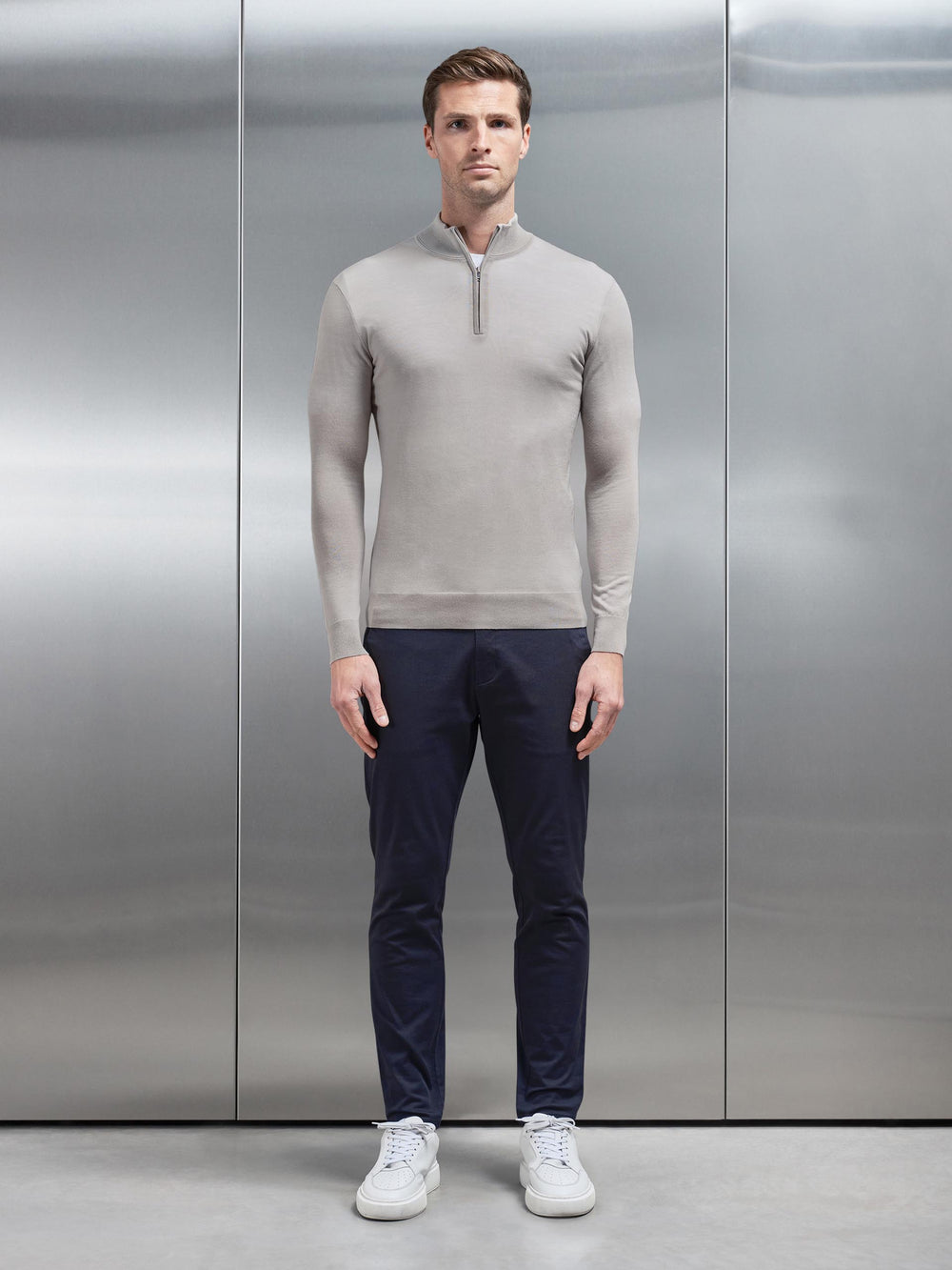 Merino Wool Half Zip Funnel Neck in Stone | ARNE AU