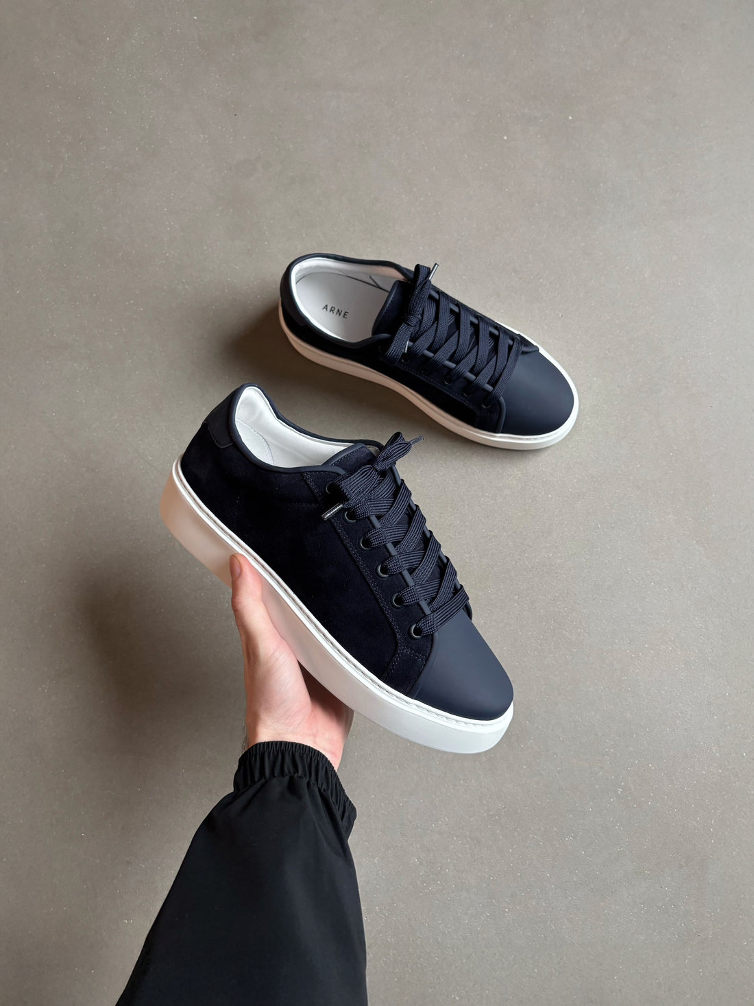 Mid Leather Toe Cap Trainer in Navy | ARNE US