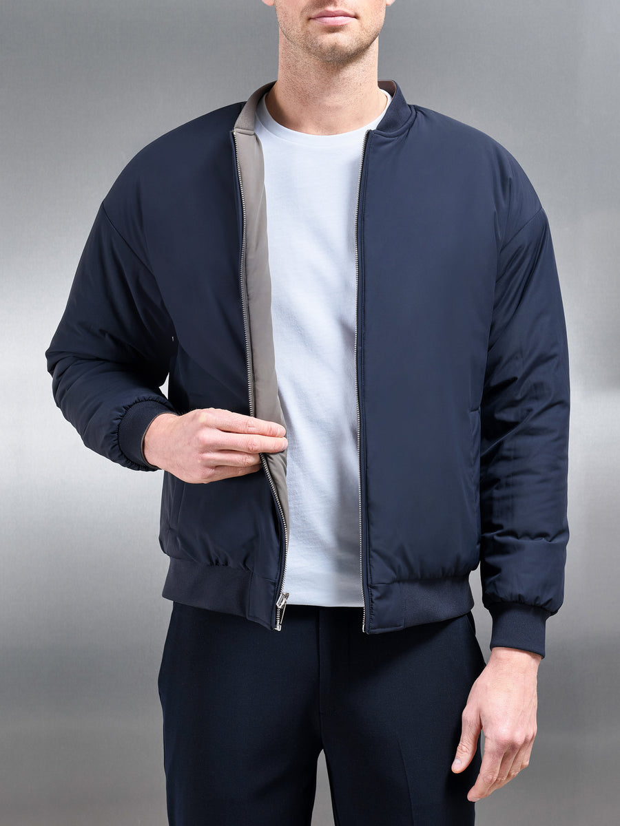 Relaxed Padded Reversible Bomber Jacket in Olive Navy | ARNE UK
