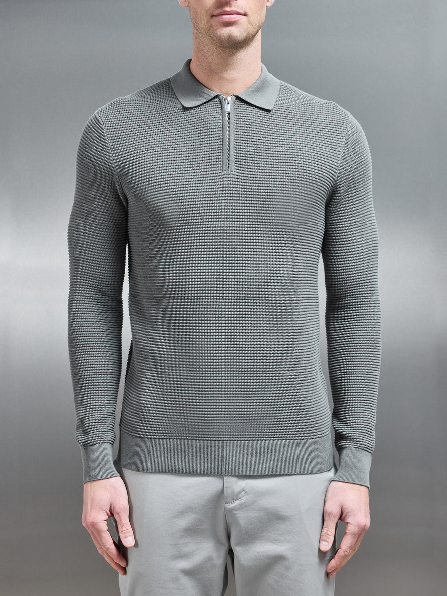 Ribbed Textured Long Sleeve Knitted Zip Polo in Sage ARNE