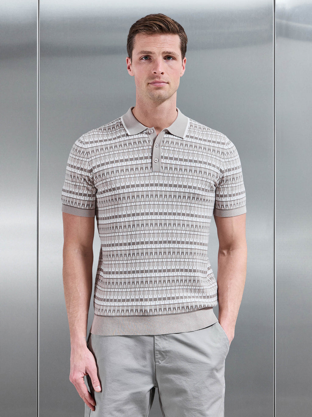Roma Knitted Button Polo Shirt in Stone | ARNE UK