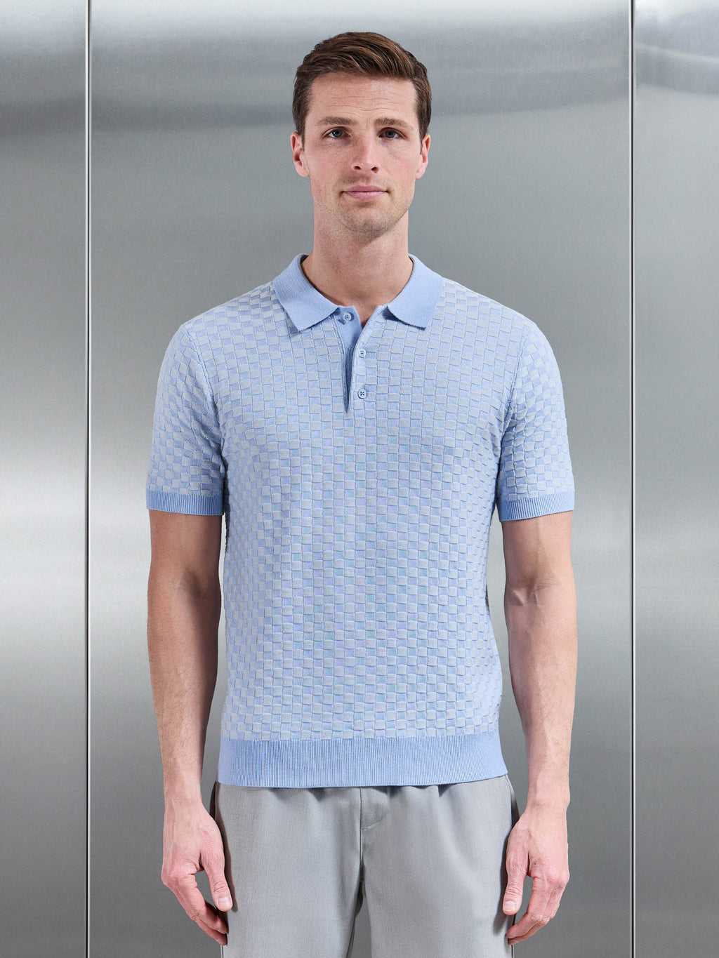Square Contrast Textured Polo Shirt in Light Blue | ARNE US