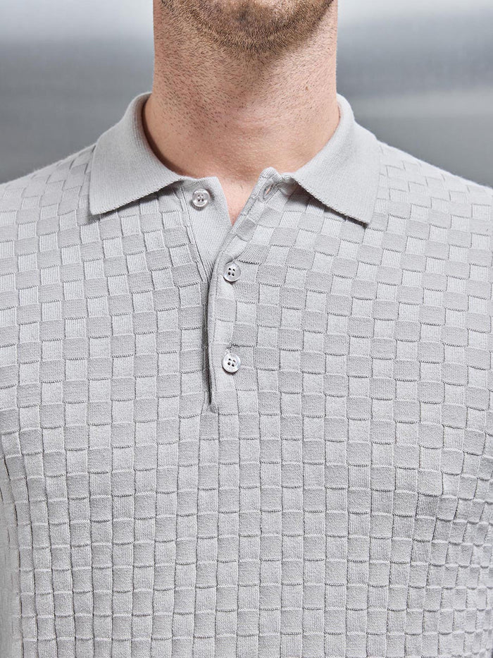 Square Textured Long Sleeve Button Polo Shirt in Stone | ARNE UK