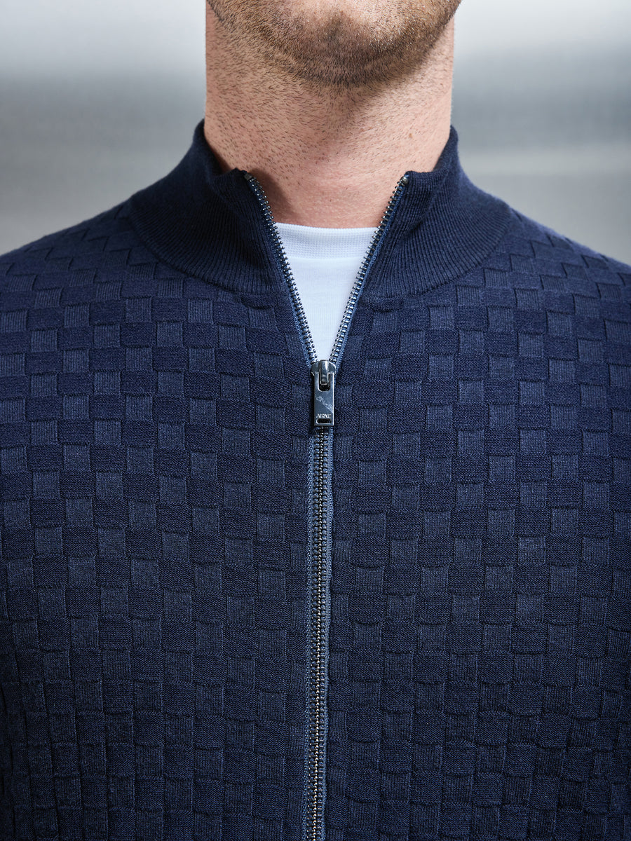 Square Textured Zip Through Jacket in Navy | ARNE UK