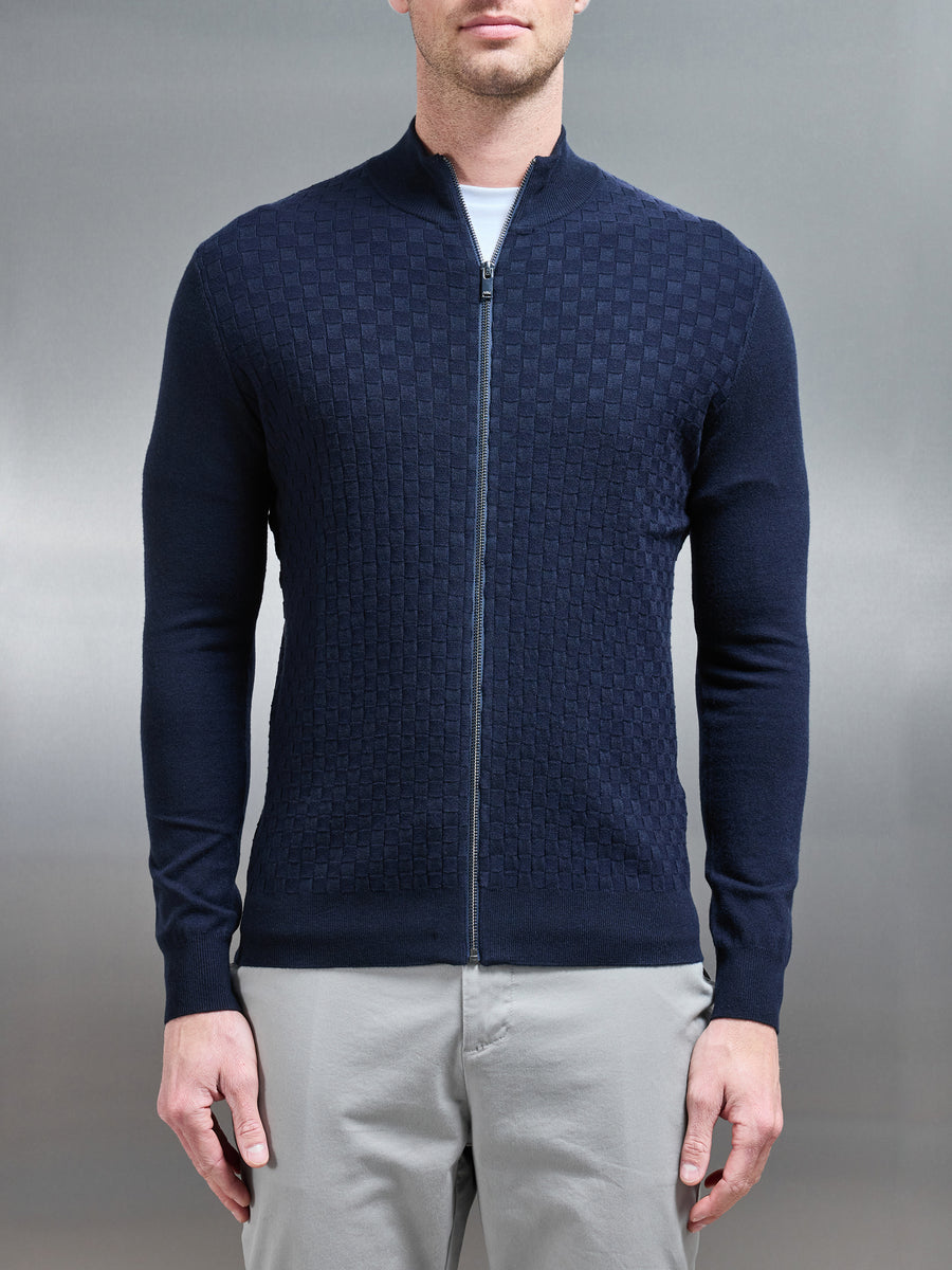Square Textured Zip Through Jacket in Navy | ARNE UK